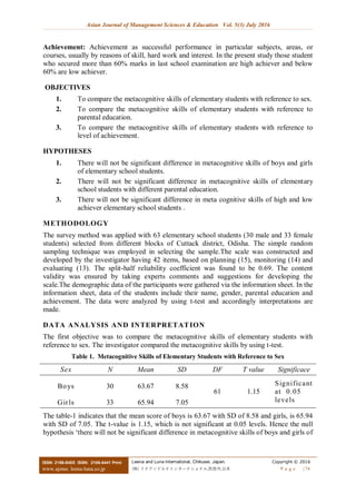 Meta cognitive skills in relation to sex, parental education and achievement of Elementary ...