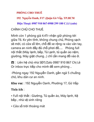 Cho Sinh Viên Thuê Phòng Trọ Giá Rẻ Nhất 192 Nguyễn Oanh F10 | PDF