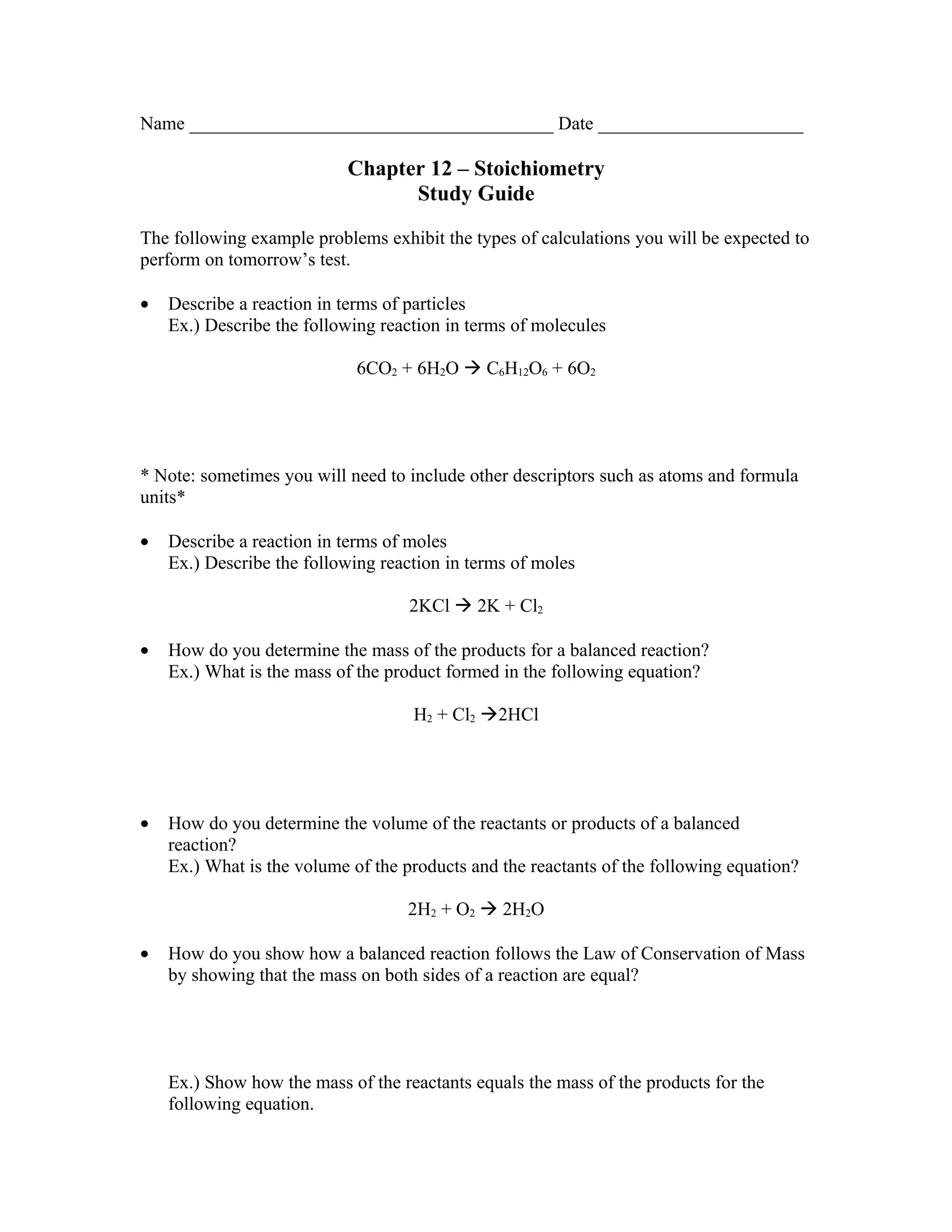 Chemistry - Chp 12 - Stoichiometry - Study Guide | PDF