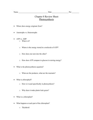 Biology - Chp 8 - Photosynthesis - Study Guide | PDF