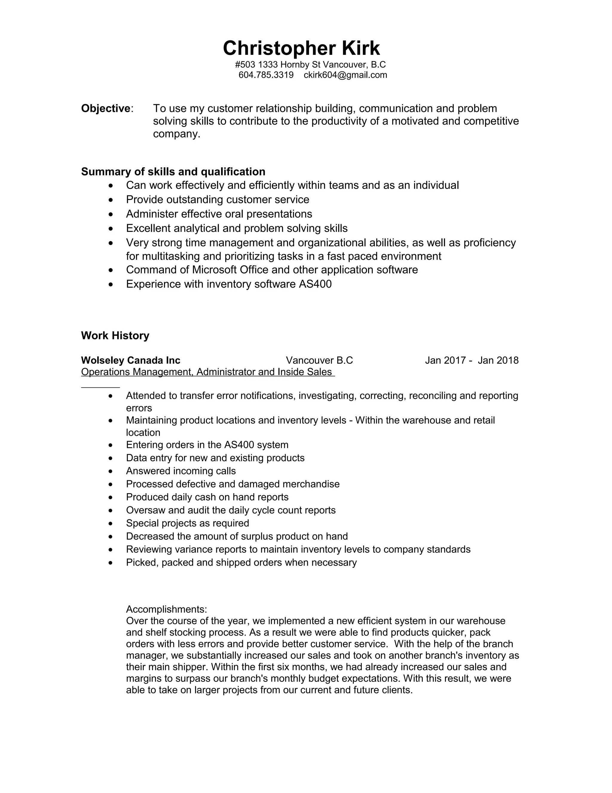 Chris kirk's resume | DOC | Resume Writing and Advice | Job Search