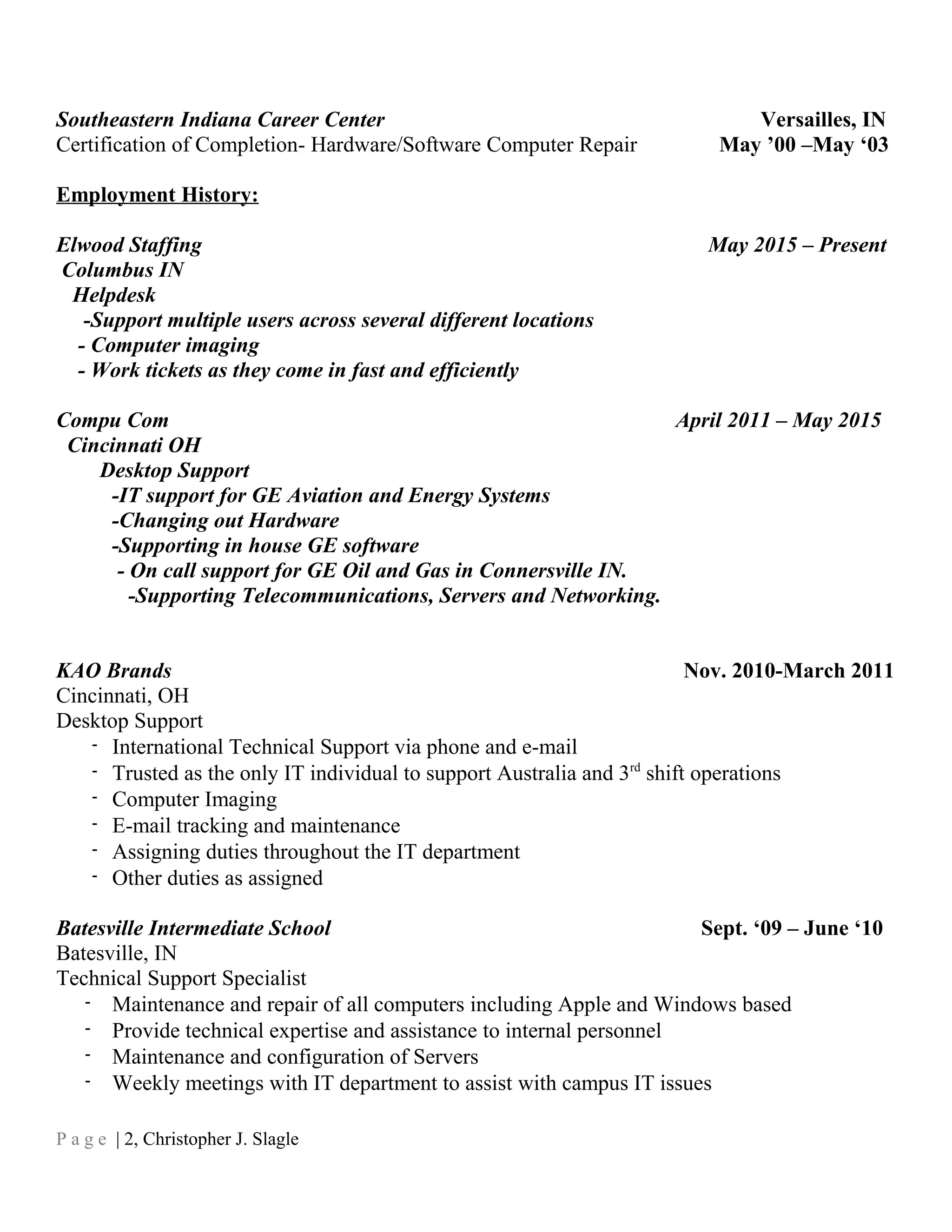 Chris slagle technical resume 2016 | PDF