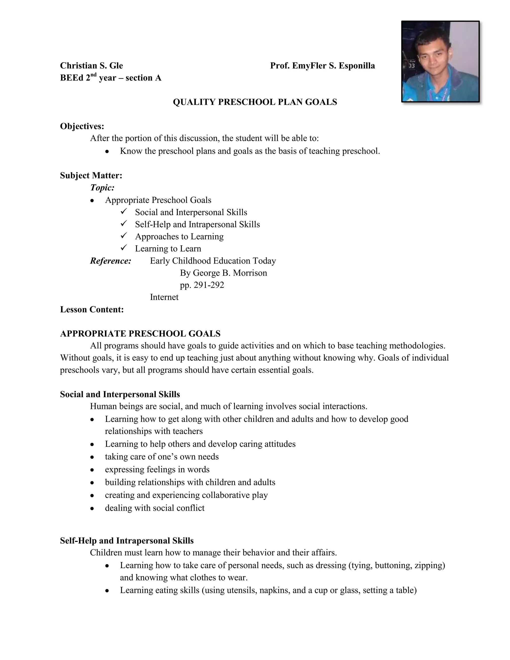 Quality Preschool Plan Goals | DOCX