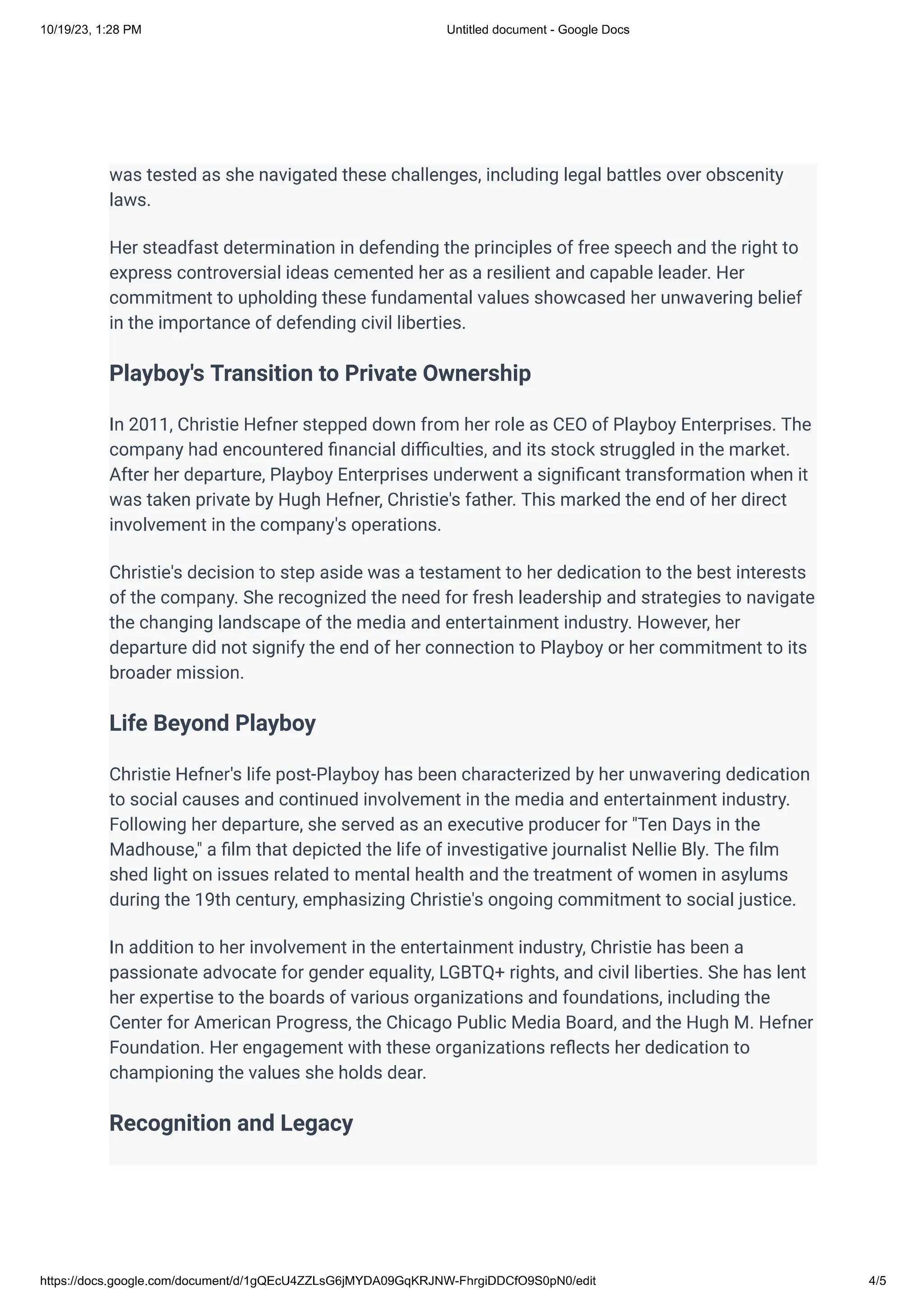 Christie Hefner-The Legacy of an Iconic Businesswoman | PDF