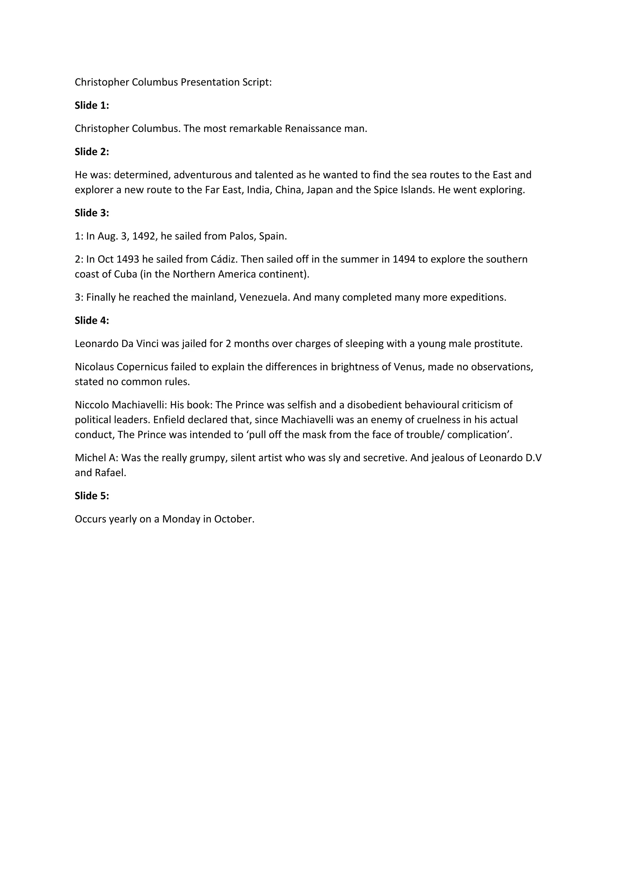 Christopher Columbus Presention Script | DOC