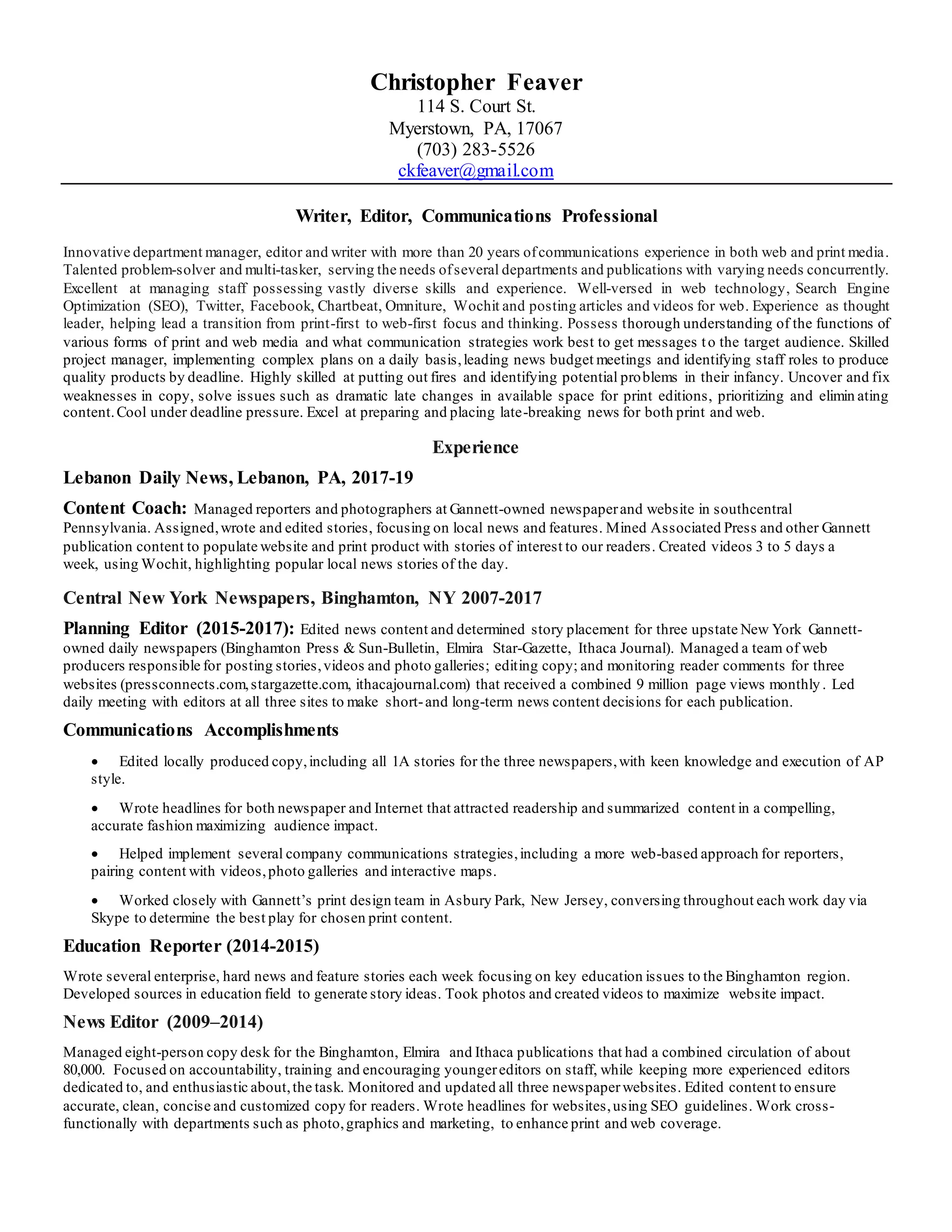 Christopher Feaver resume | PDF