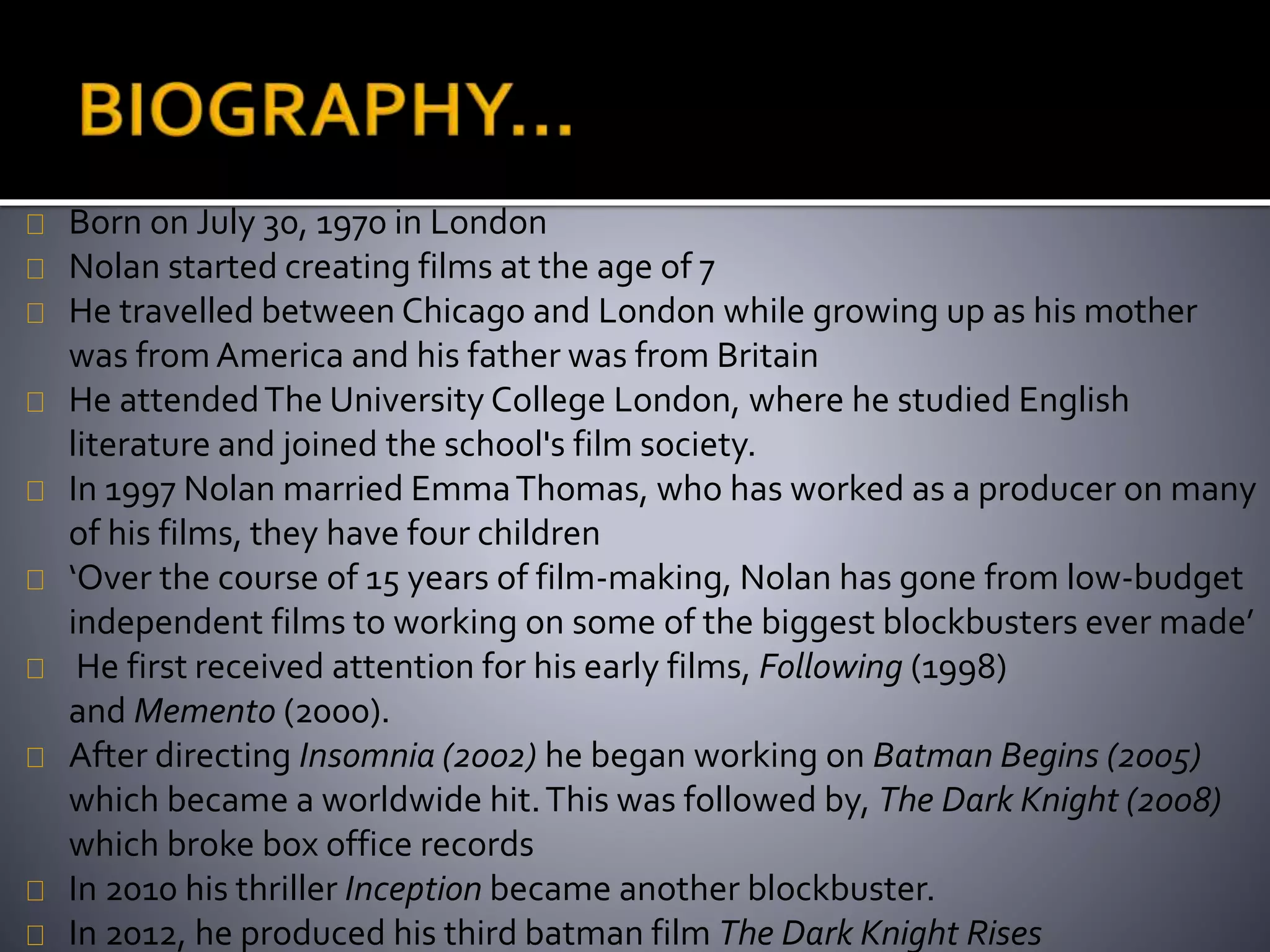 Christopher nolan | PPTX | Screenwriting | Content Production