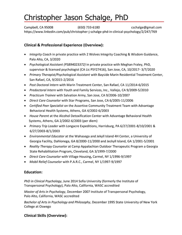 Christopher J. Schalge, PhD curriculum vitae, last updated 5.13.2020