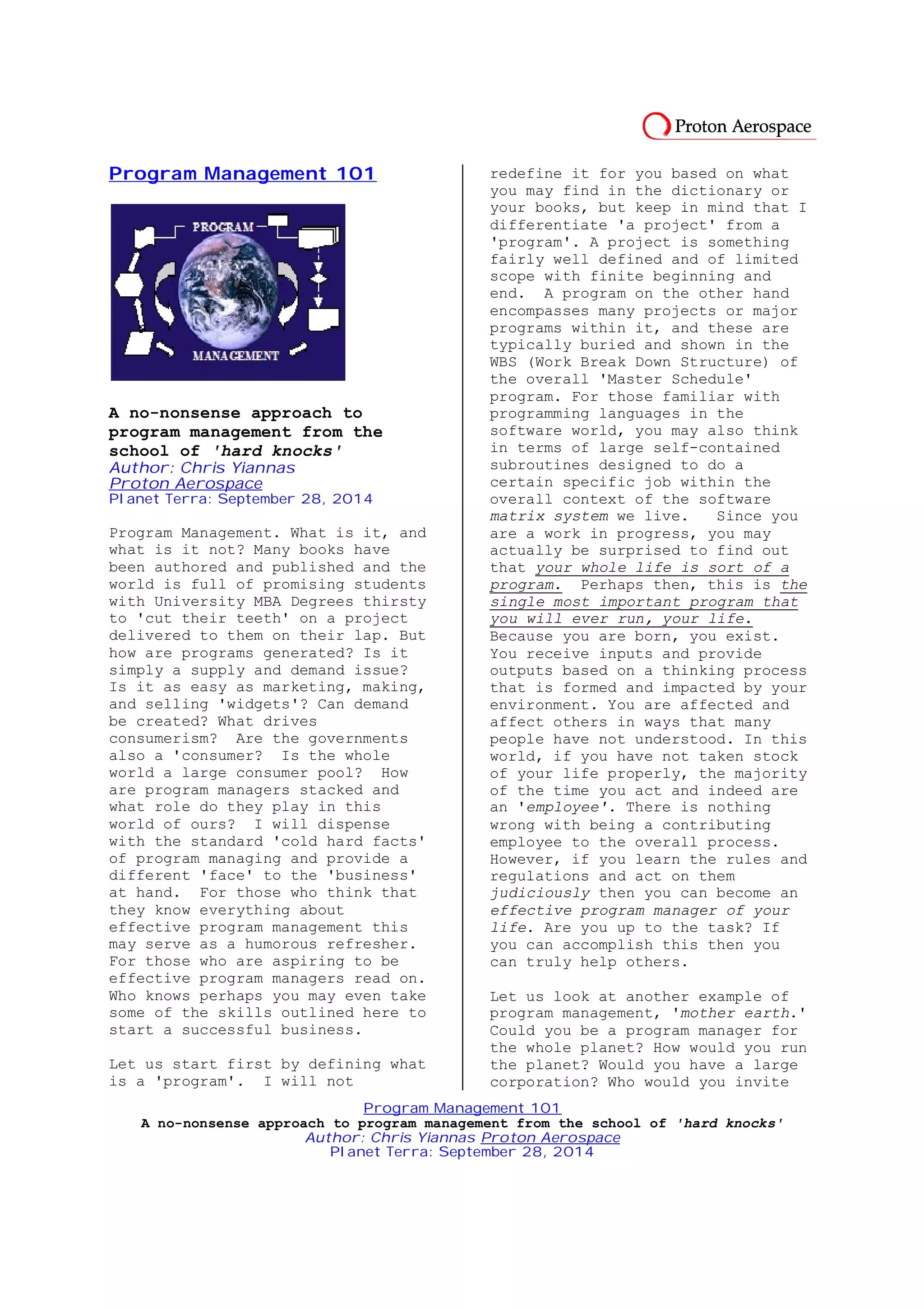 Chris Yiannas Program Management 101 | PDF