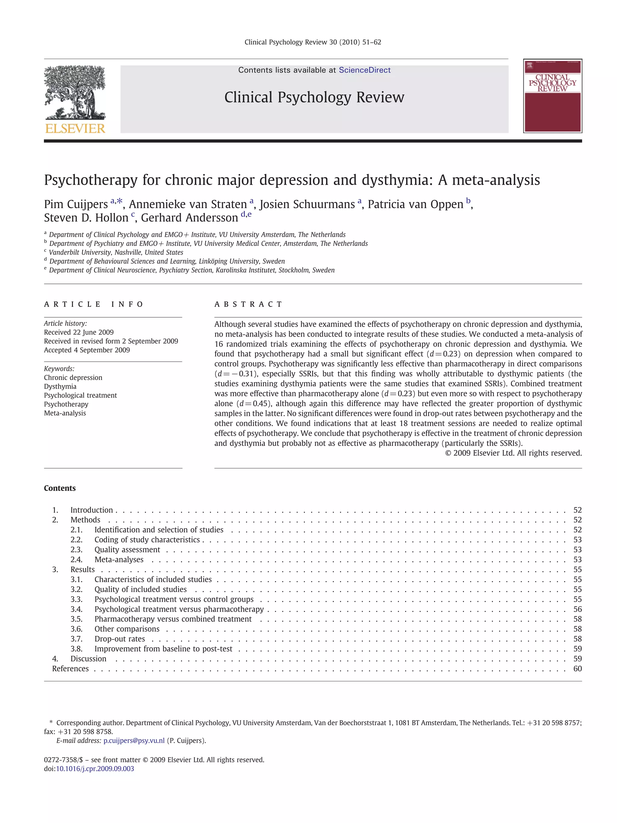 Chronic depression meta analysis cuijpers | PDF