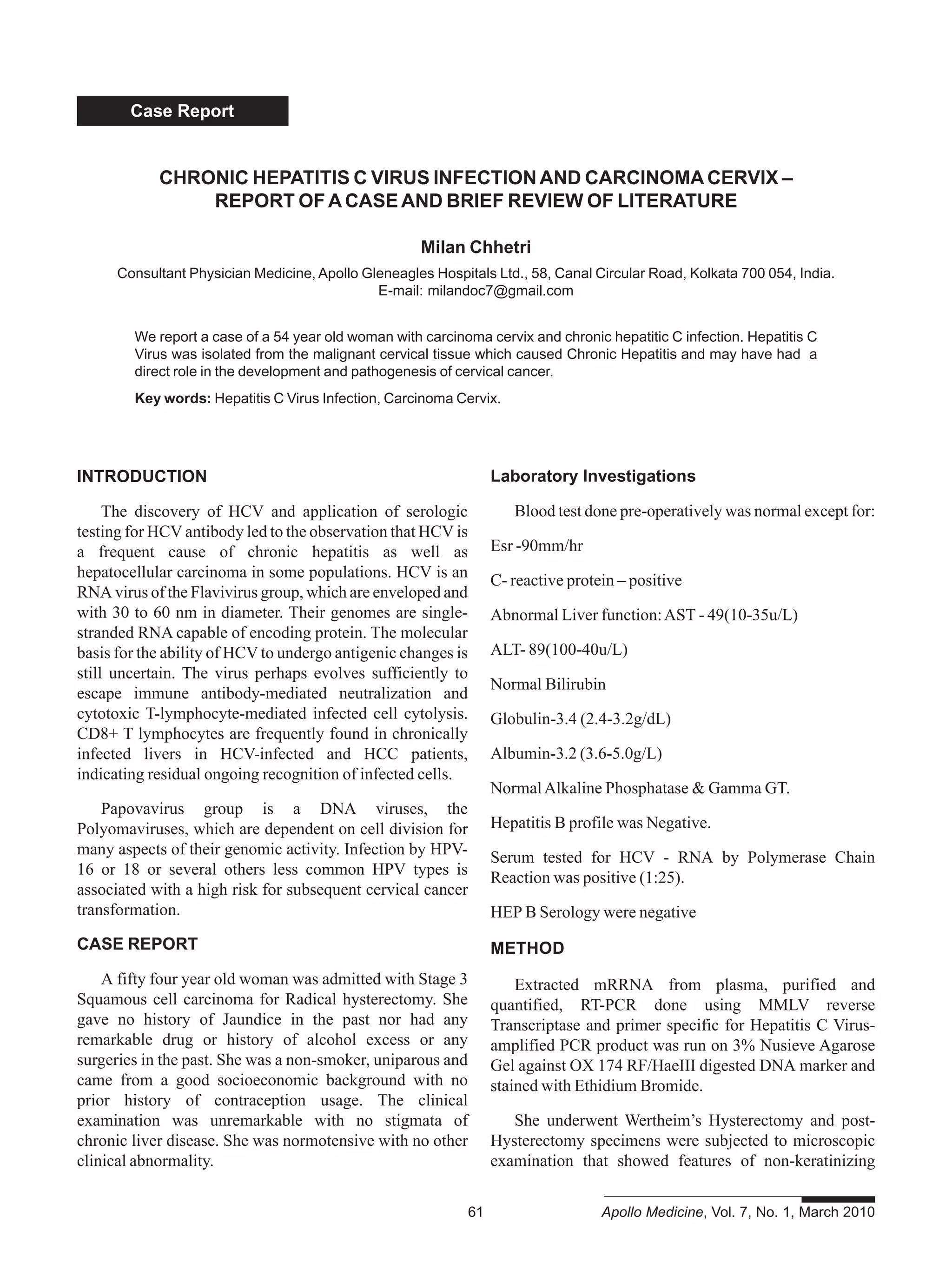 Chronic Hepatitis C Virus Infection and Carcinoma Cervix – Report of a ...