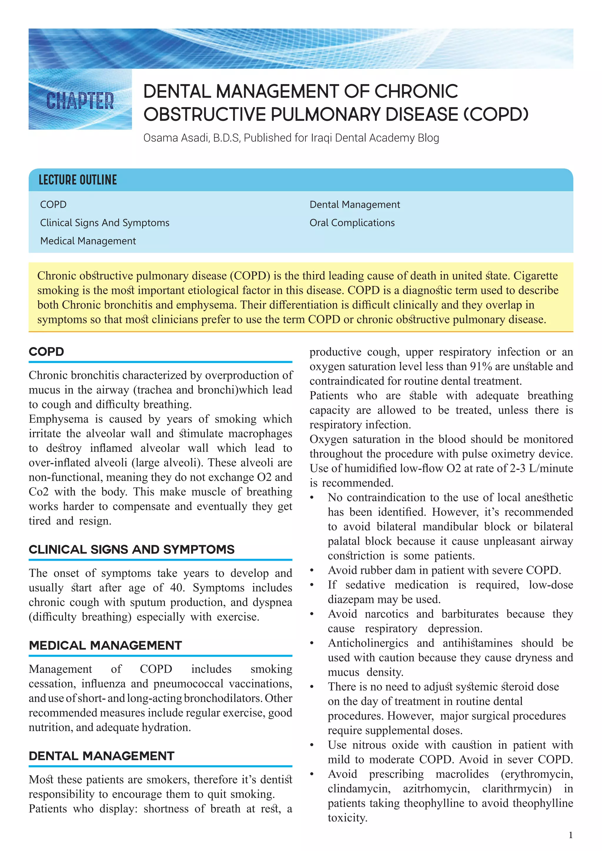 Chronic Obstructive Pulmonary Disease Dental Management Lecture | PDF
