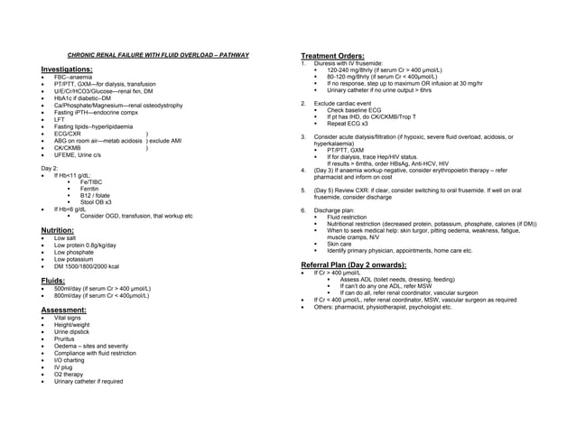 Chronic renal failure concise long case approach & crf with fluid overload mx pathway | PDF