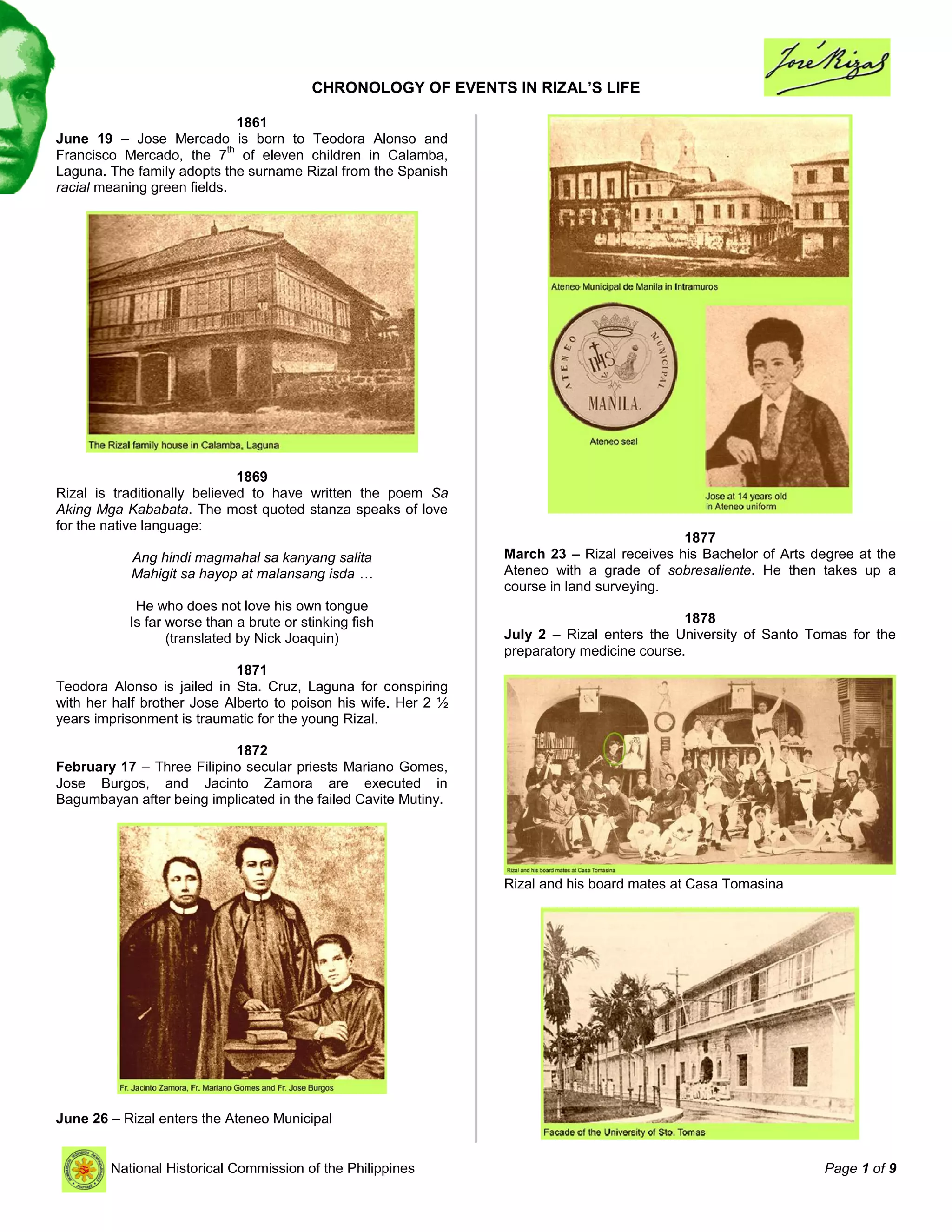 Chronology of Events in Rizal's Life | PDF