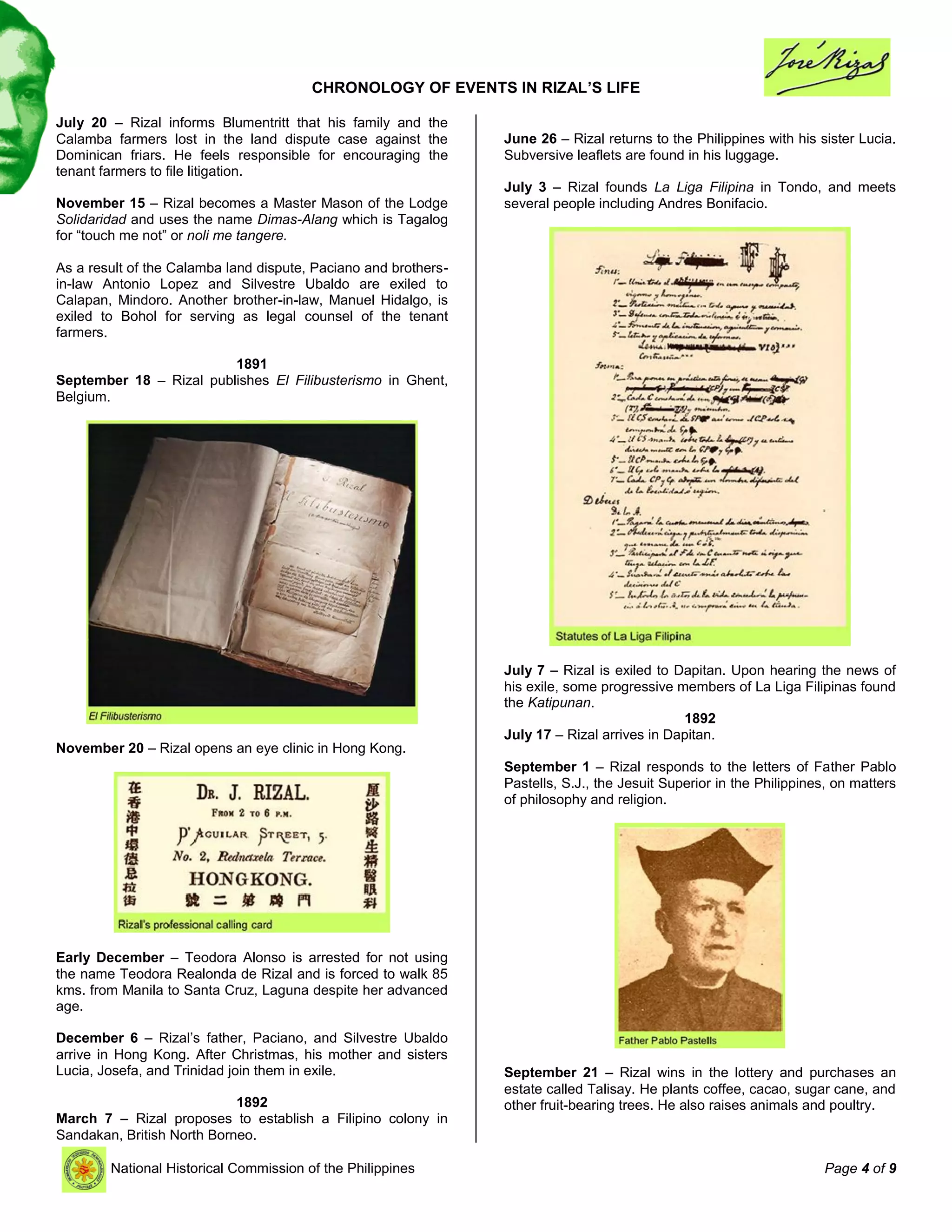 Chronology of Events in Rizal's Life | PDF