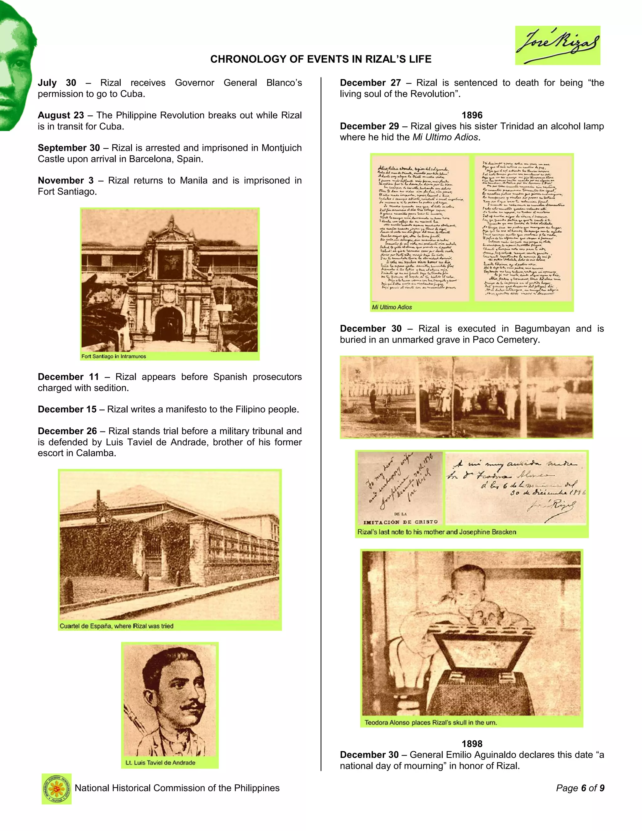 Chronology of Events in Rizal's Life | PDF