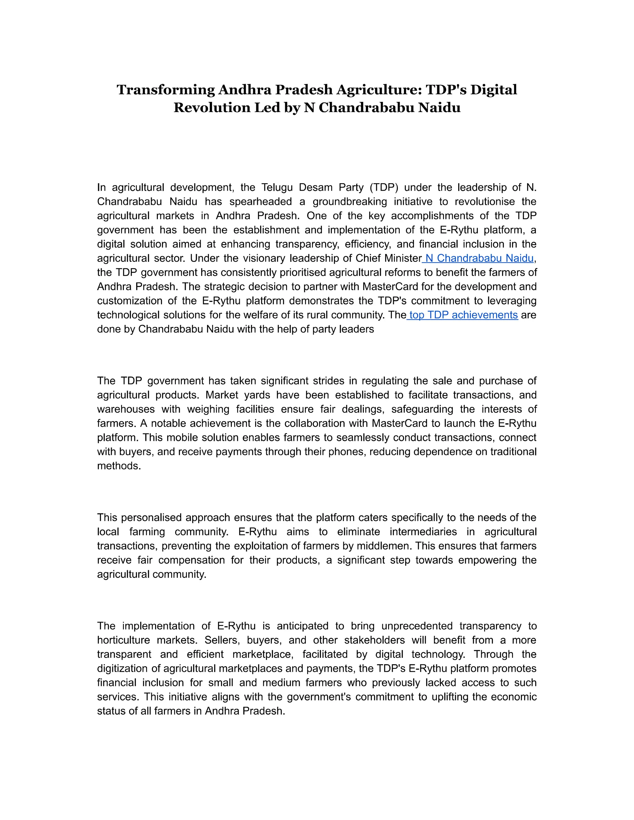 Transforming Andhra Pradesh Agriculture: TDP's Digital Revolution Led by N Chandrababu Naidu | PDF