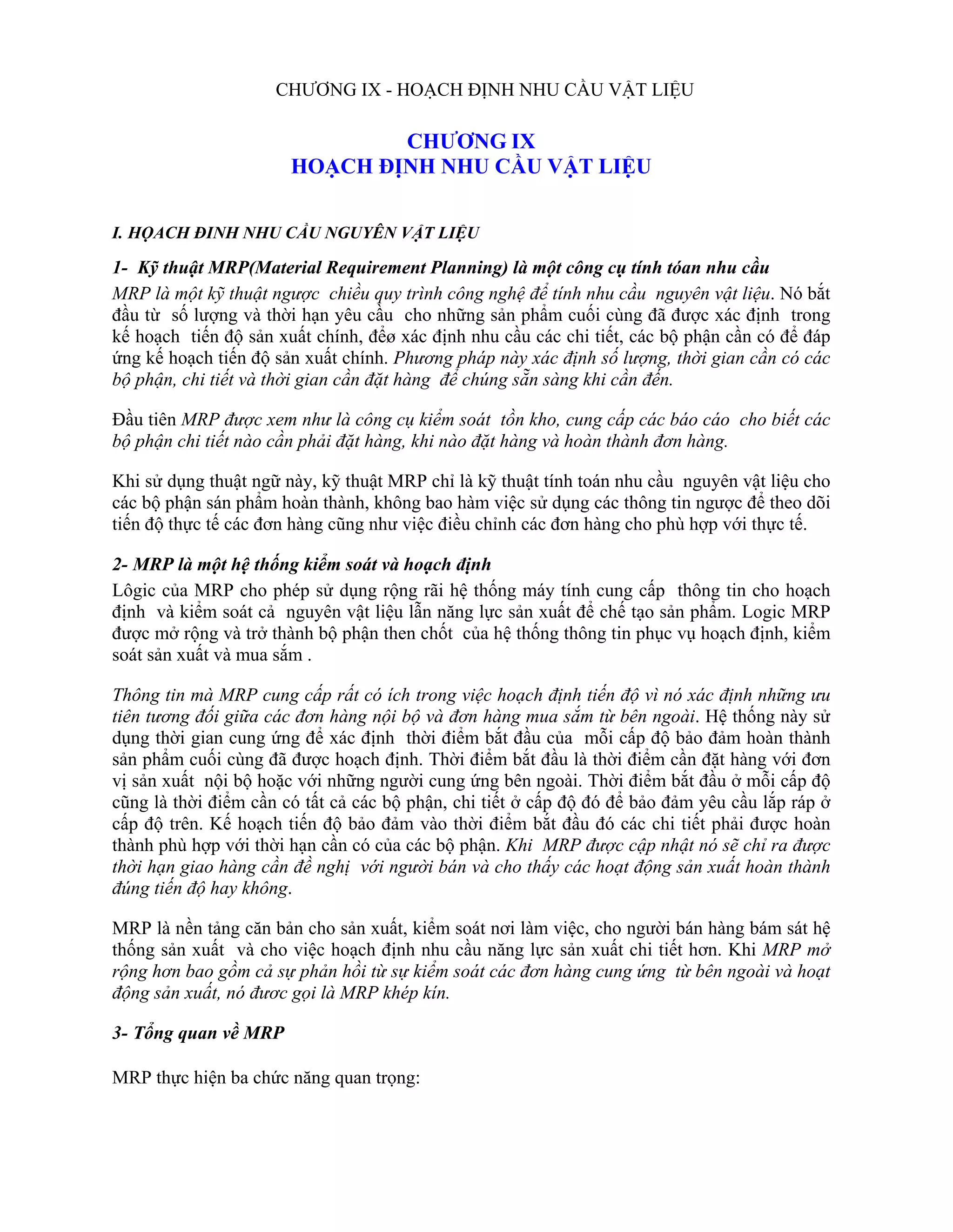 QTSX - Chương 9 - Quản trị tồn kho nhu cầu phụ thuộc - Hoạch định nhu cầu NVL | PDF