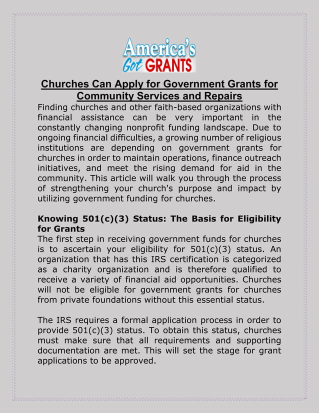 Churches Can Apply for Government Grants for Community Services and Repairs | PDF | Government ...