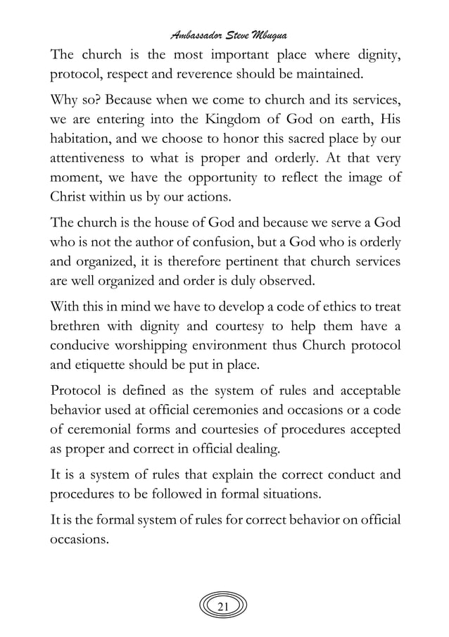 CHURCH PROTOCOL AND ETIQUETTE E-COPY By Amb Steve Mbugua | PDF