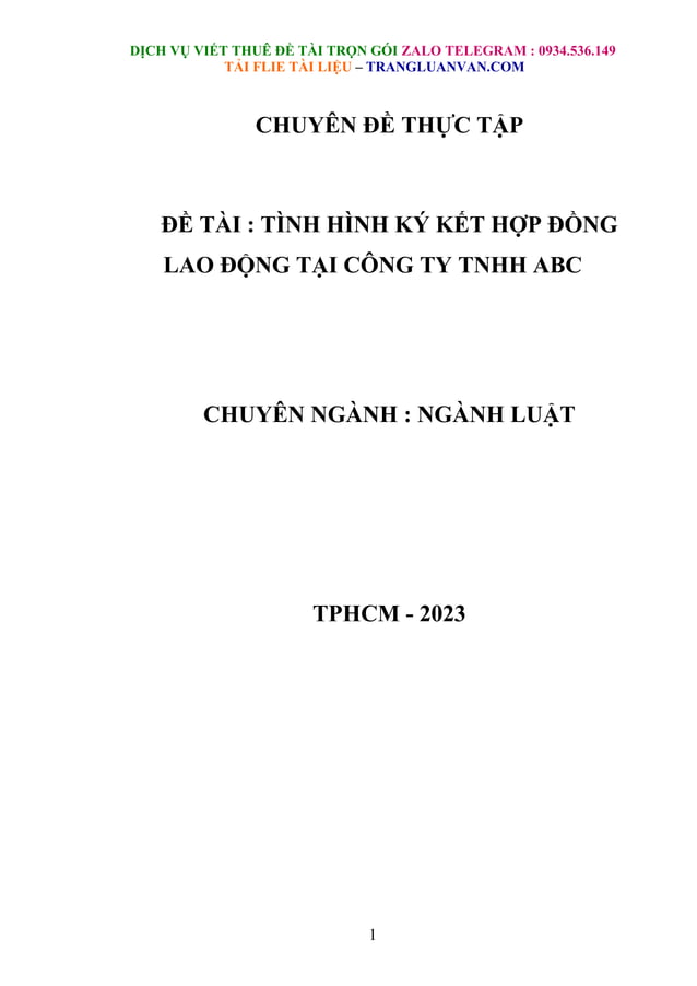 Chuyên Đề Thực Tập Tình Hình Ký Kết Hợp Đồng Lao Động Tại Công Ty Tnhh Abc. | DOC