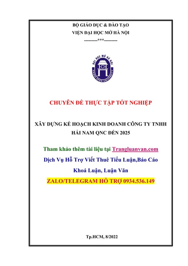 Chuyên Đề Thực Tập Xây Dựng Kế Hoạch Kinh Doanh Công Ty Tnhh Hải Nam Qnc Đến 2025 | PDF