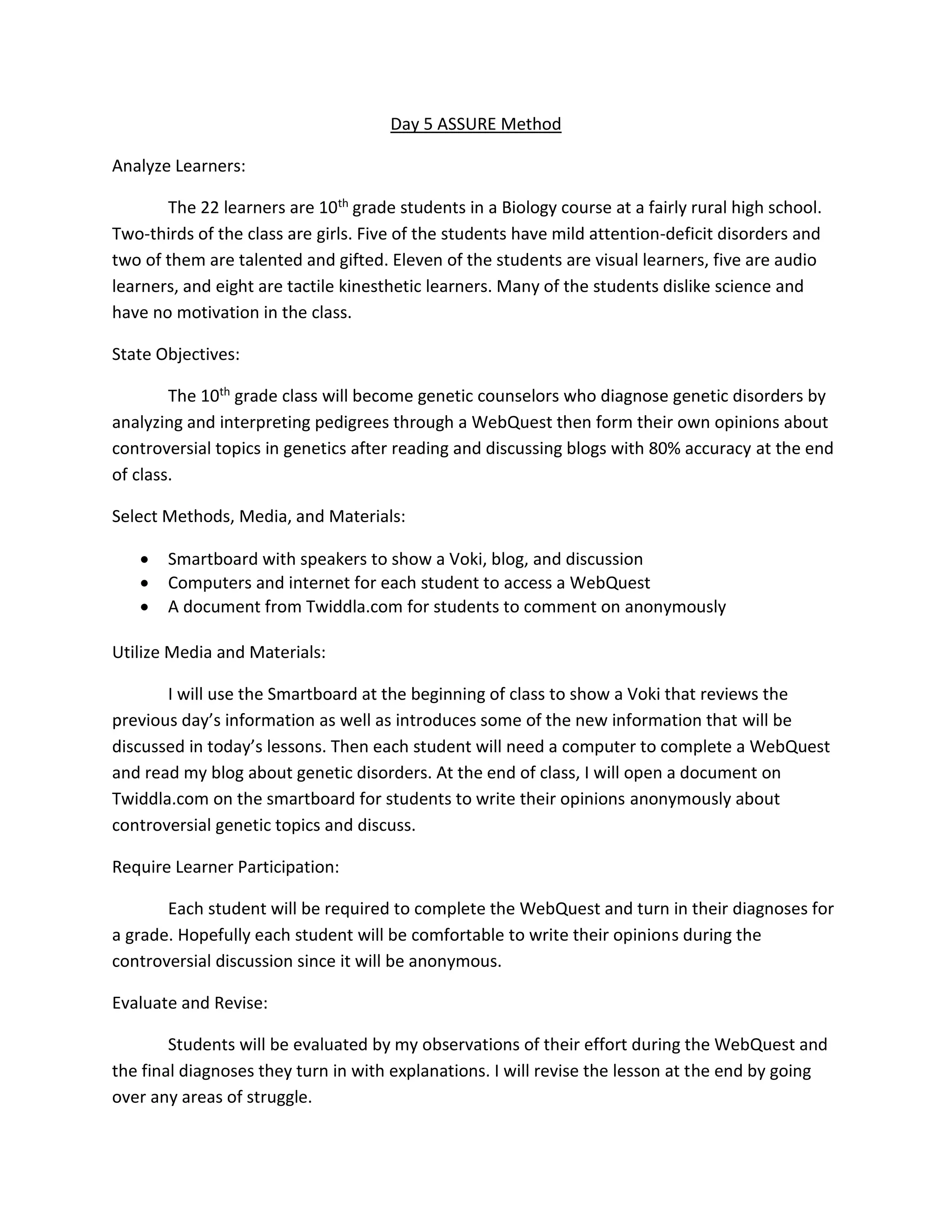 Ci 350 day 5 assure method | DOCX