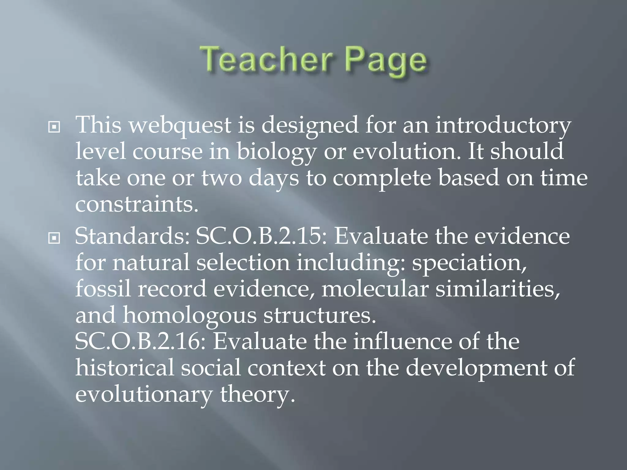 CI 350 The Theory of Evolution Webquest | PPTX