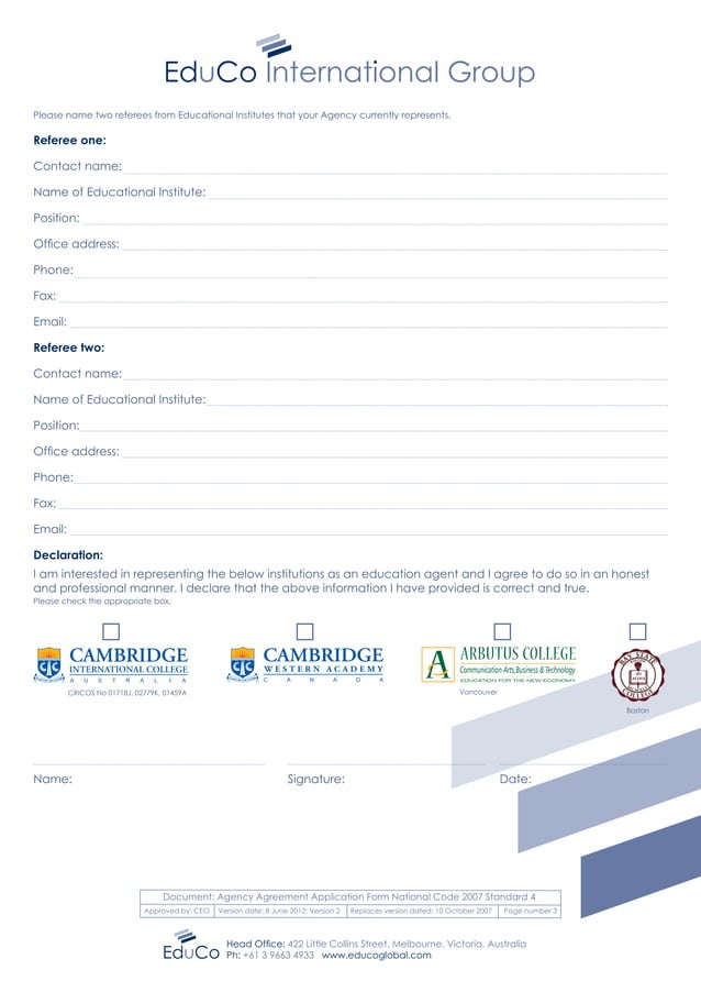 Cambridge International College Cic australia forms-2014-agent-application-form | PDF | Resume ...