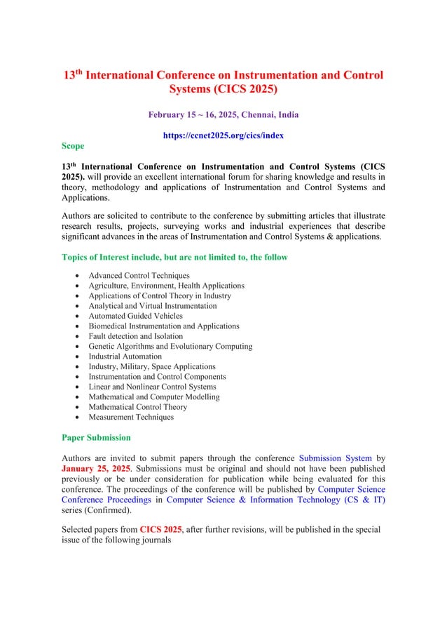 13 th International Conference on Instrumentation and Control Systems (CICS 2025) | PDF