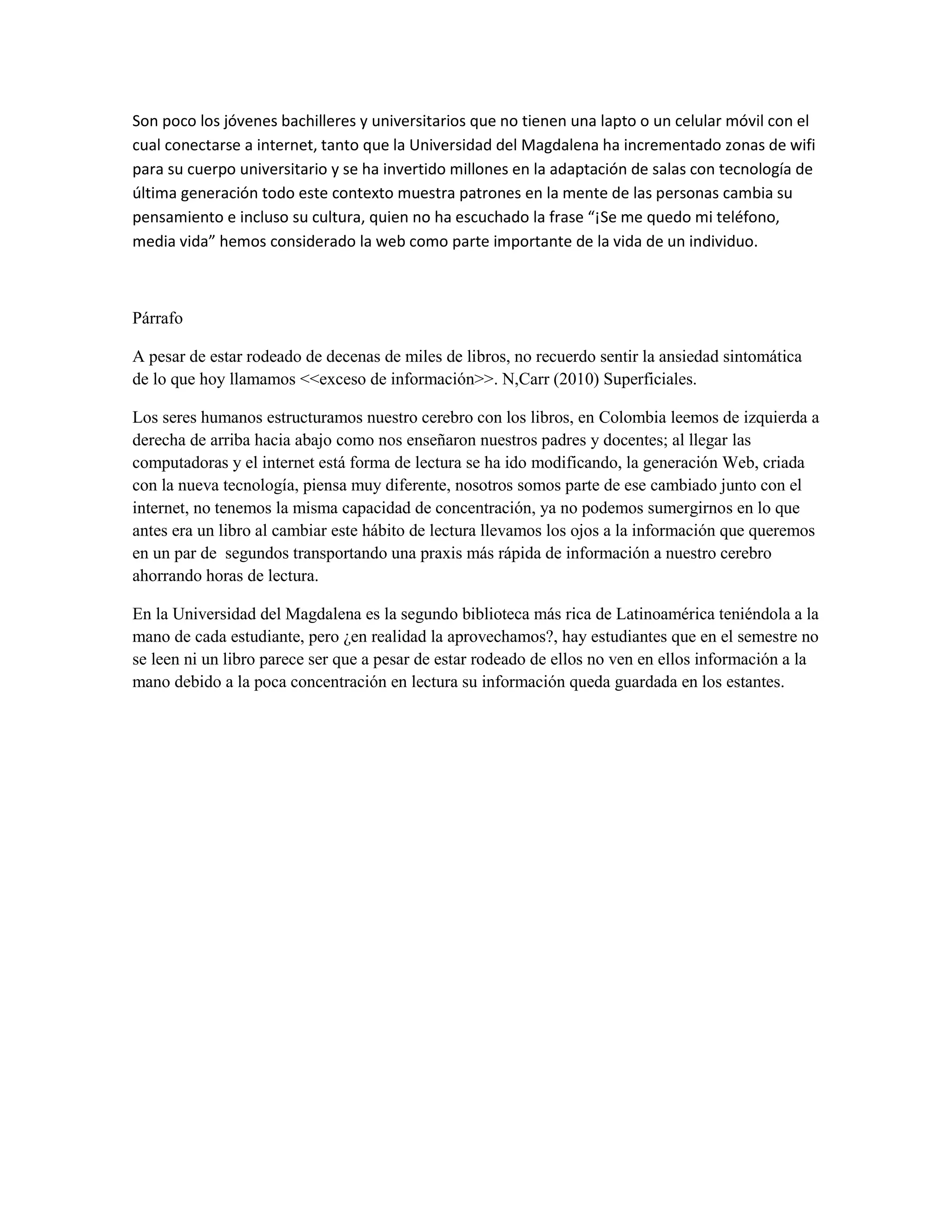 Análisis párrafos de primer capitulo SUPERFICIALES NICHOLAS CARR | PDF