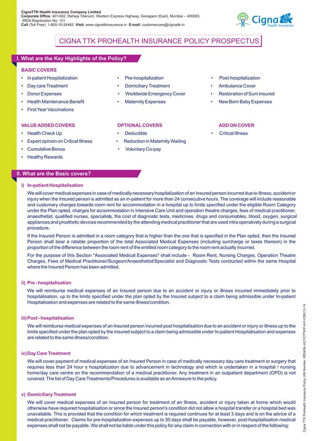 Cigna TTK pro health insurance prospectus | PDF