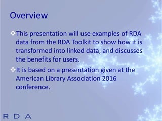 RDA data, linked data, and benefits for users / Gordon Dunsire | PPT