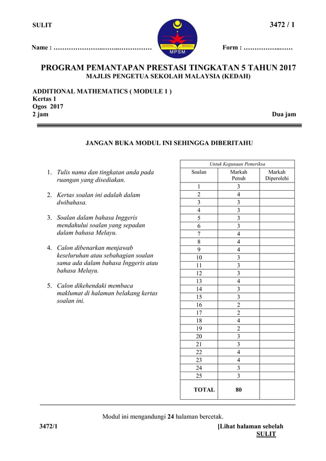 Kertas Percubaan SPM Kedah add-maths P1 2017 | PDF