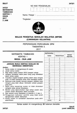 Kertas Percubaan SPM Add Maths Kelantan 2017 | PDF