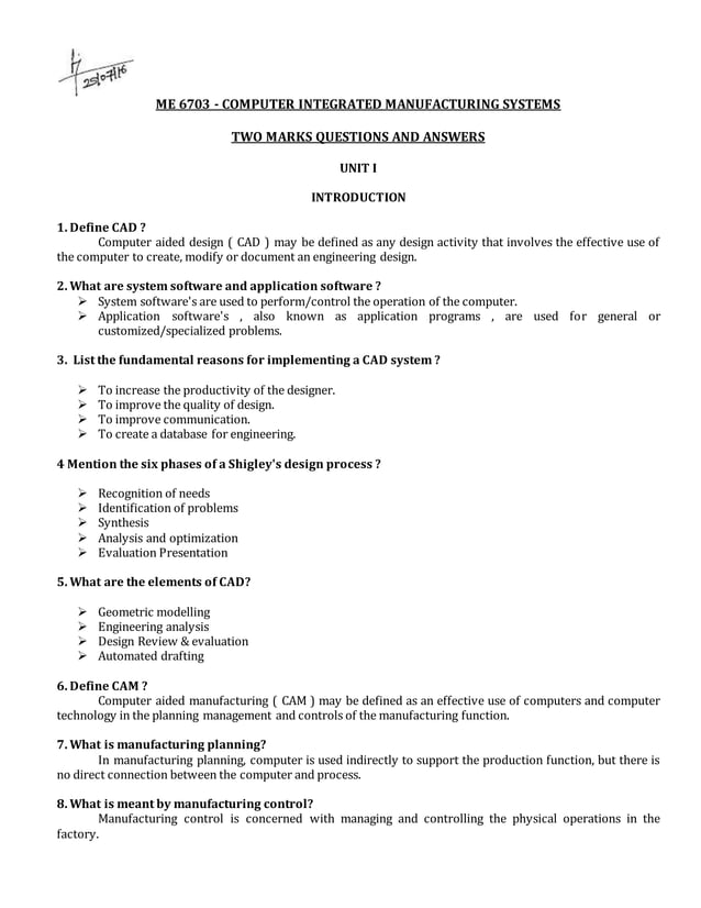 Cim unit i-2_marks | PDF