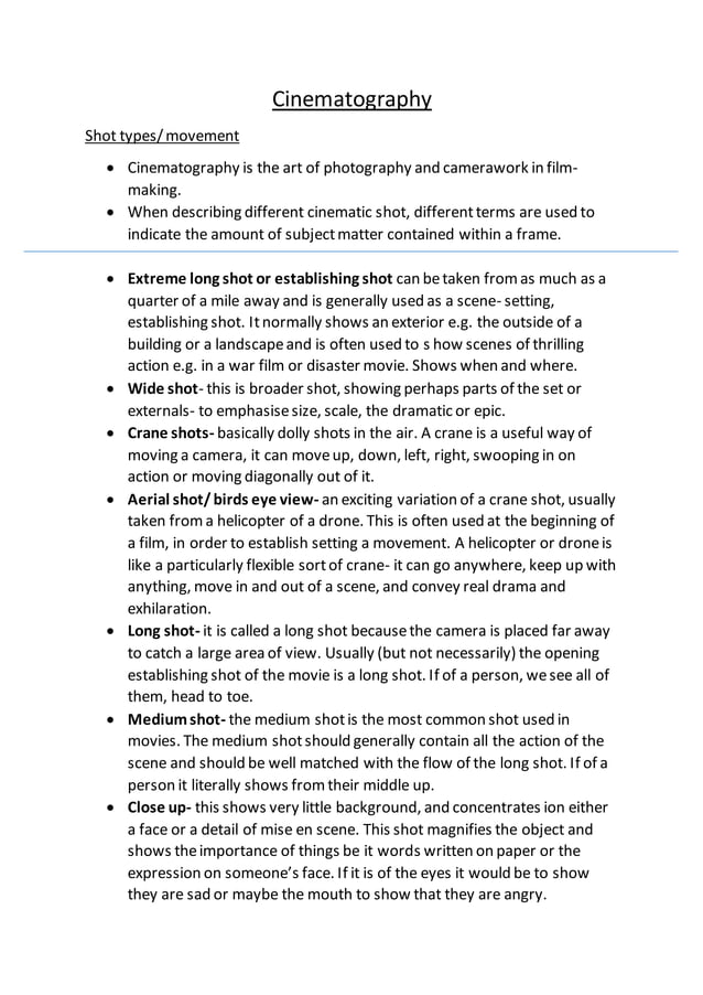Cinematography (camera angles and shot types) | DOCX | Photography ...