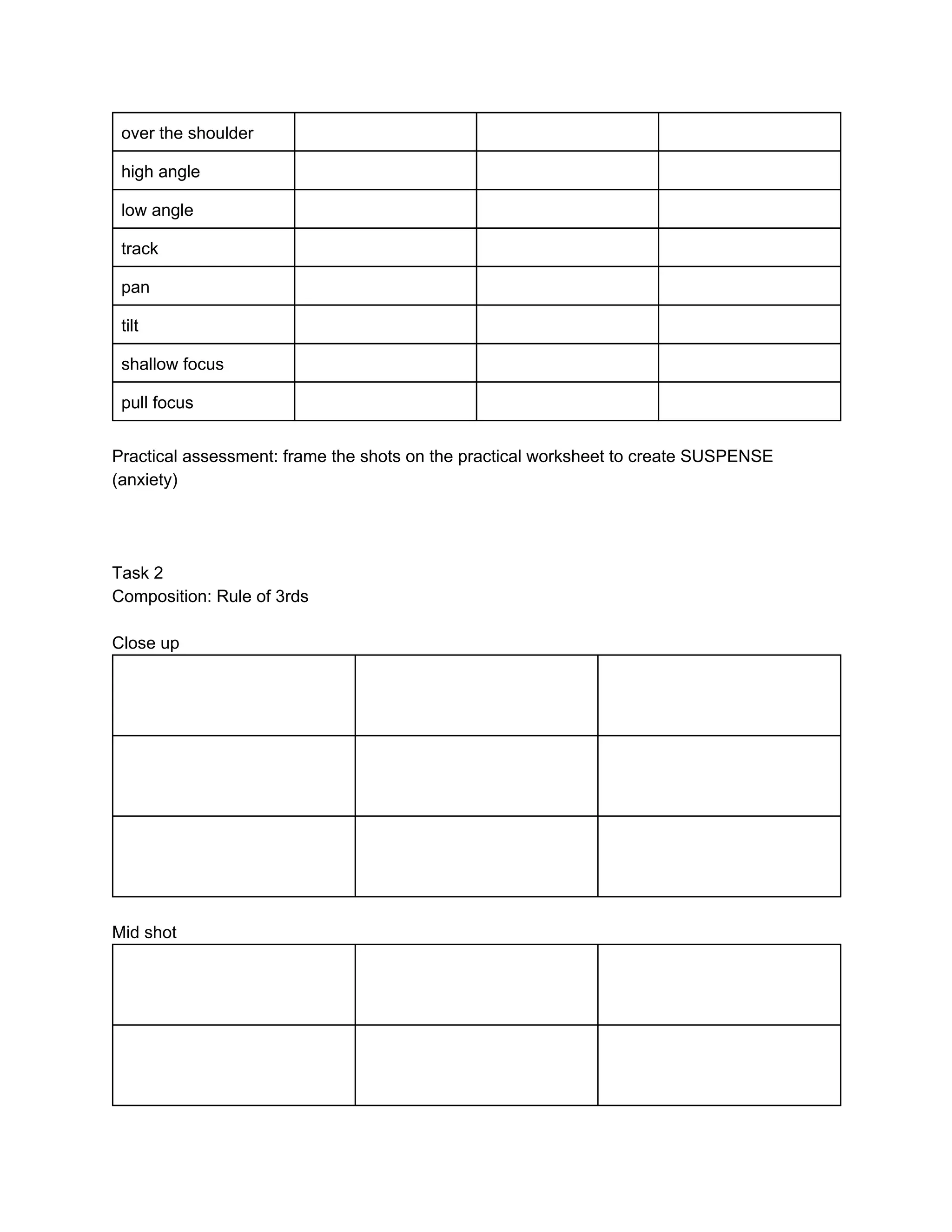 Cinematography Worksheet | PDF