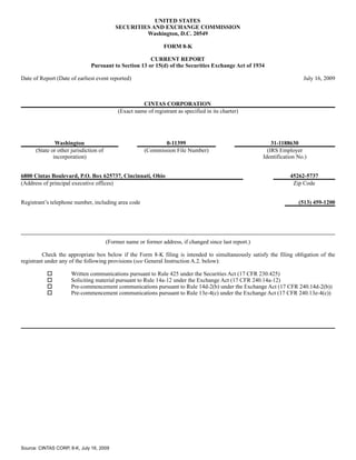 Q2 2009 Earning Report of Cintas Corp. | PDF