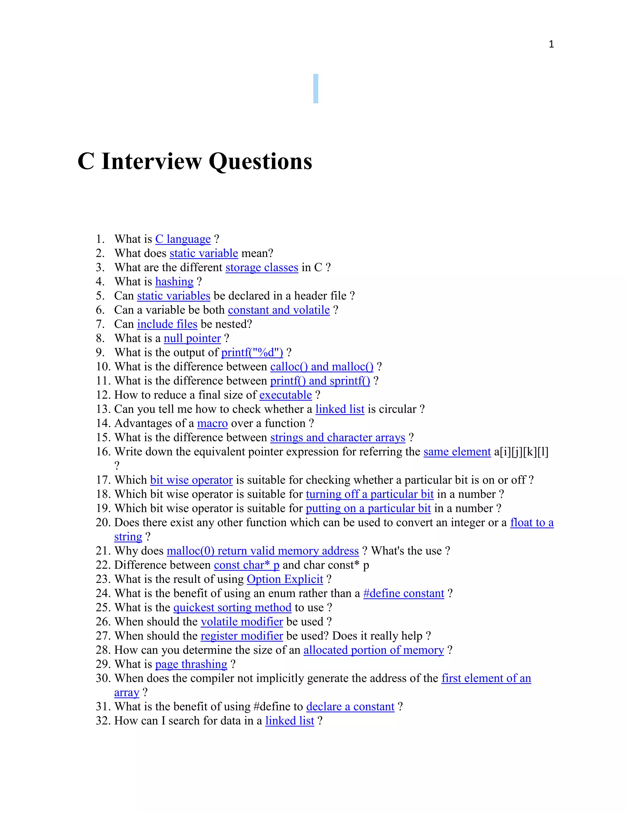 C interview question answer 1 | DOCX