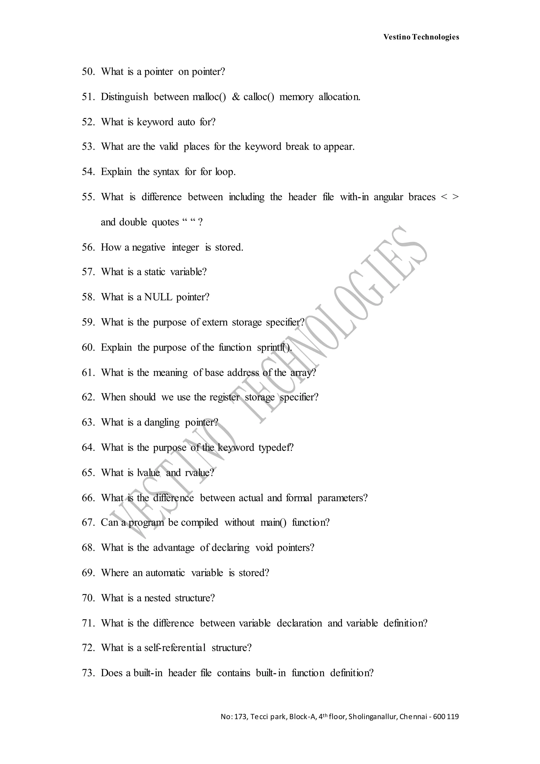 C interview questions for fresher | DOCX