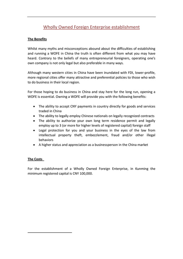 Wholly Owned Foreign Enterprise (WOFE)Establishment | PDF