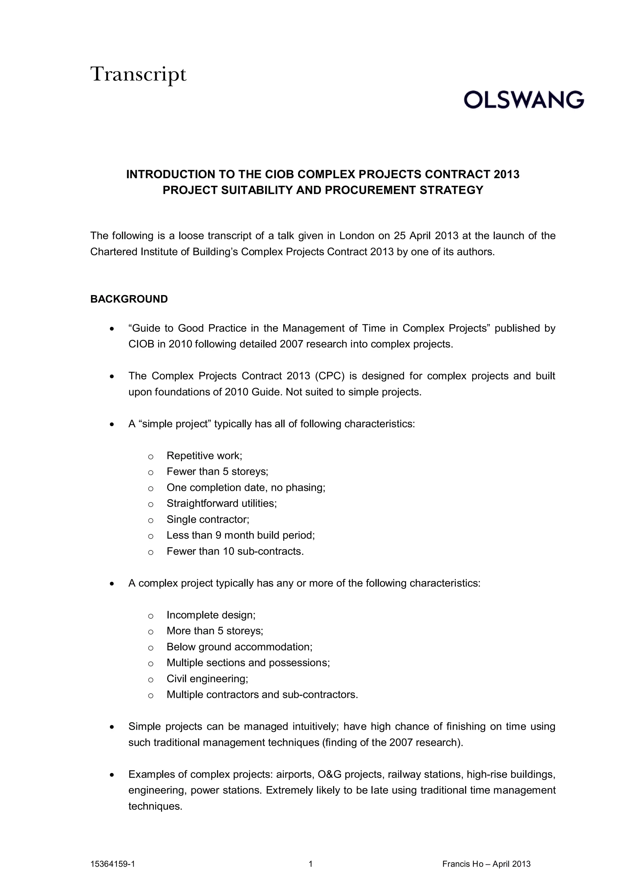 CIOB Complex Projects Contract 2013 - 25 April 2013 - Transcript of ...