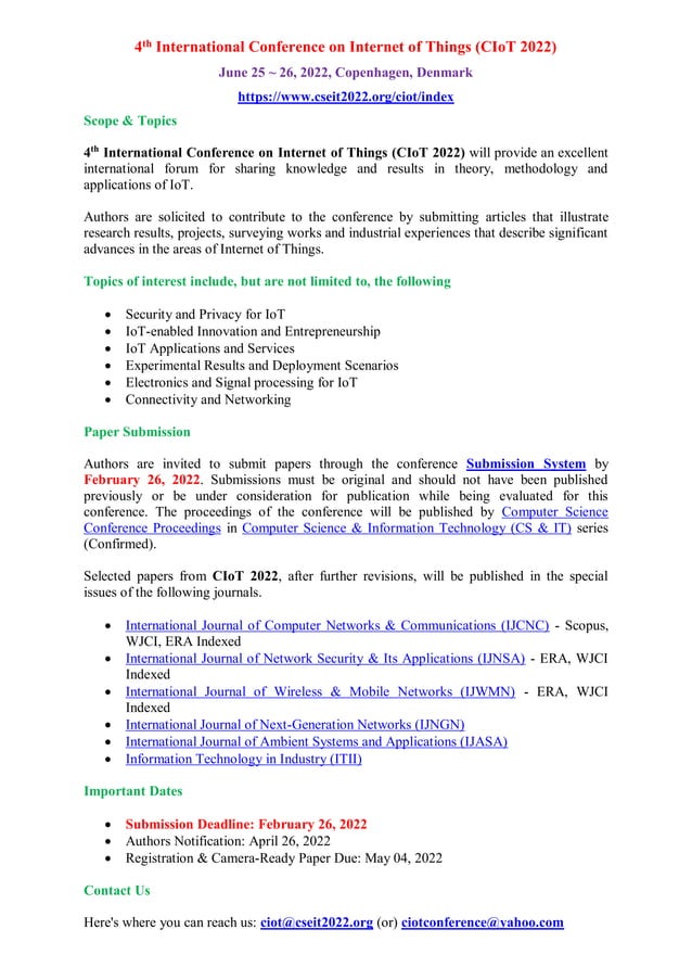 4th International Conference on Internet of Things (CIoT 2022) | PDF