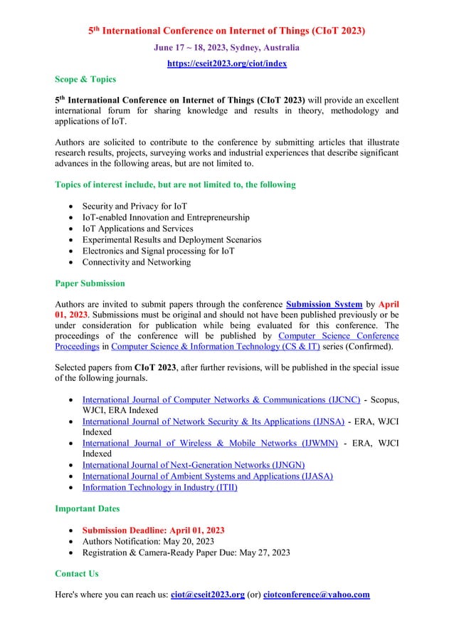 5 th International Conference on Internet of Things (CIoT 2023) | PDF