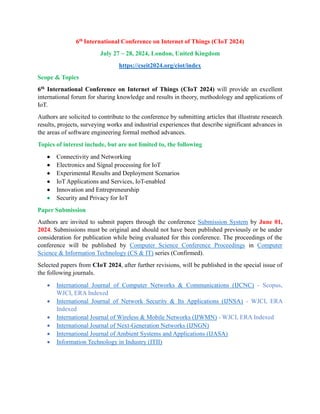 Call for Articles - 6th International Conference on Internet of Things (CIoT 2024) | PDF