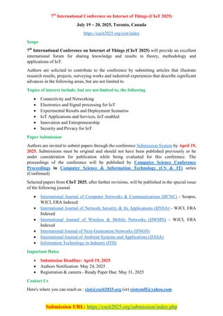 7th International Conference on Internet of Things (CIoT 2025) | PDF