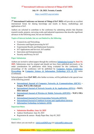 7th International Conference on Internet of Things (CIoT 2025) | PDF