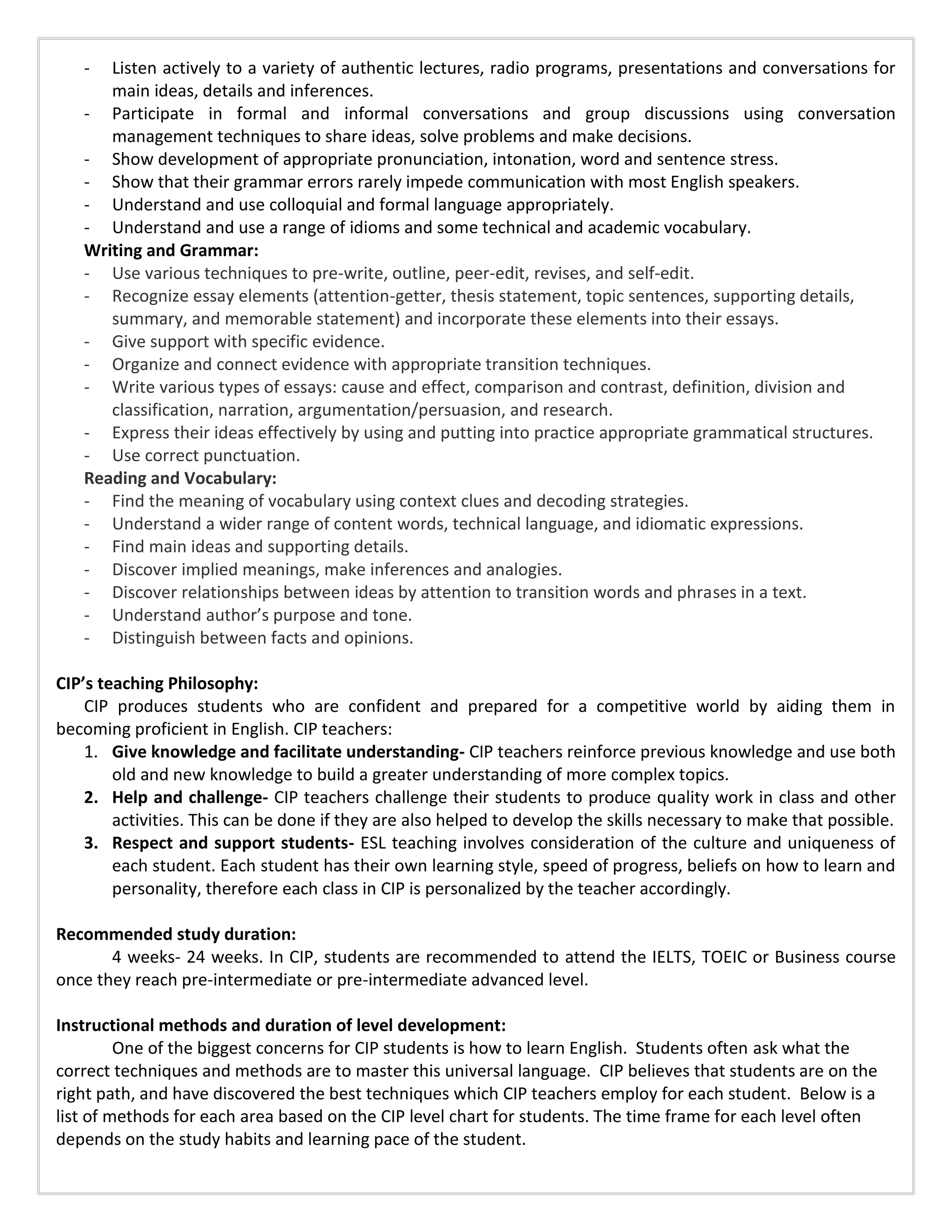 CIP - ESL Course information | PDF | Homework and Study | Education