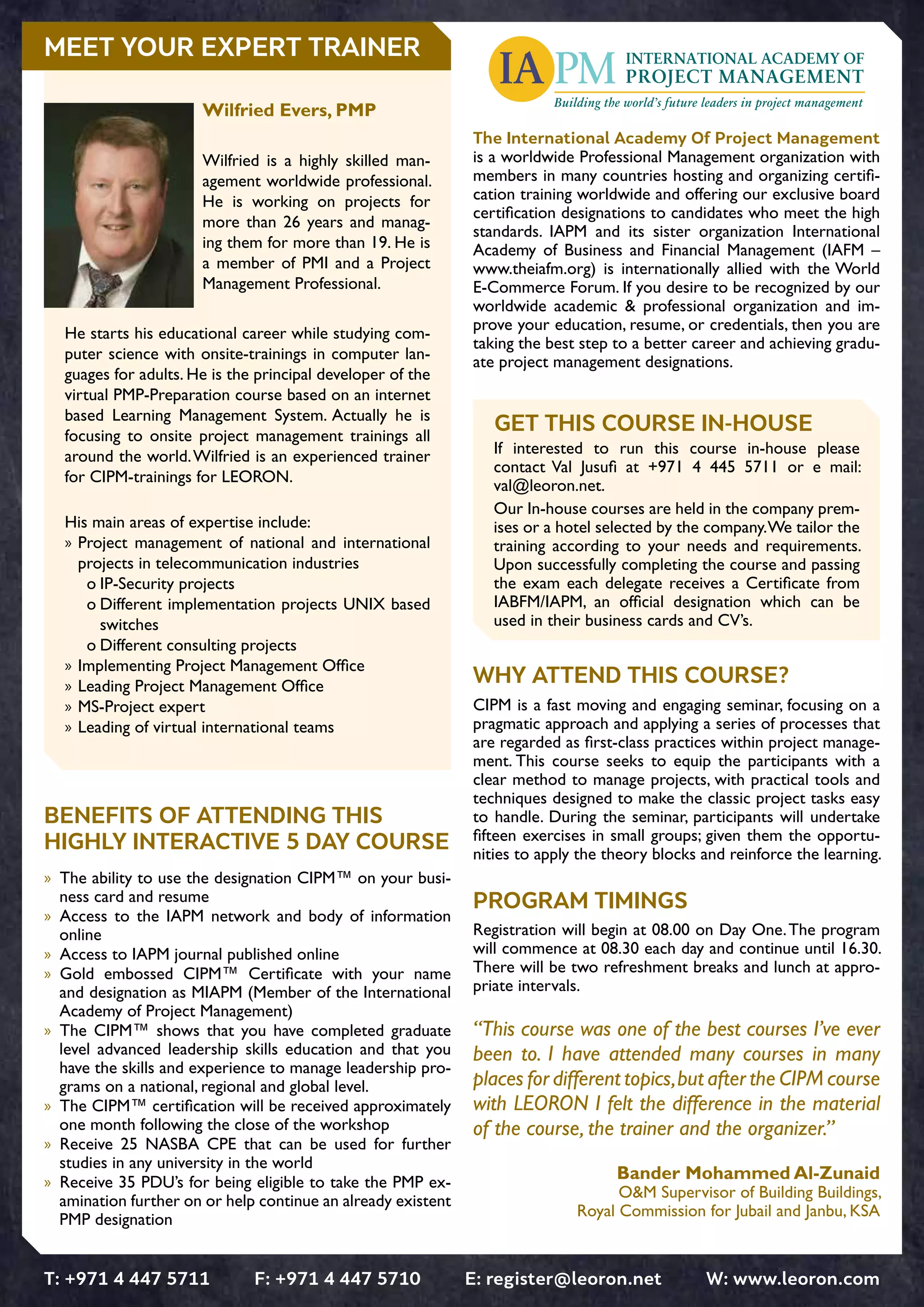 CIPM™ Certified International Project Manager / Riyadh 23–27 February, 2013 | PDF | Business ...